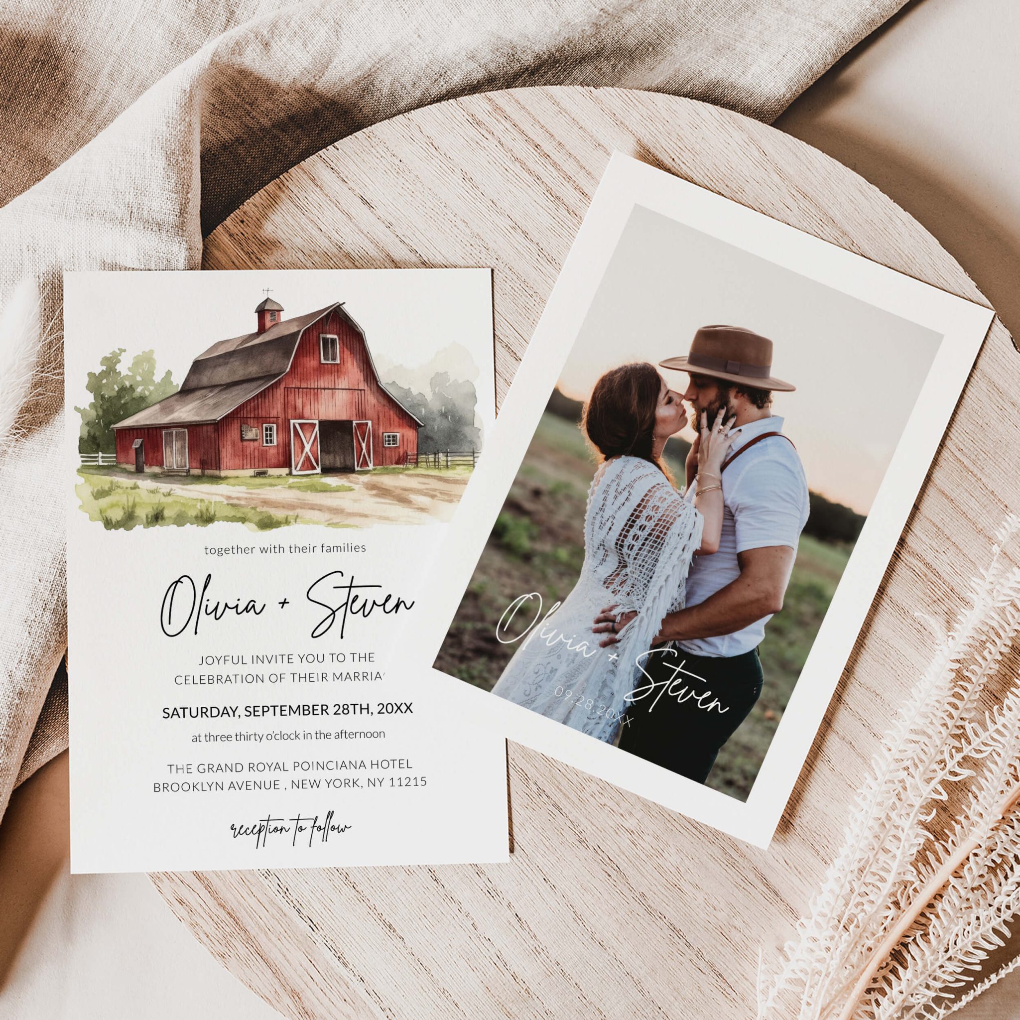 Watercolor Rustic Red Farm Barn Wedding Invitation Template | DIY ...