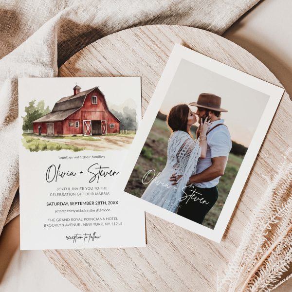 Watercolor Rustic Red Farm Barn Wedding Invitation Template | DIY ...