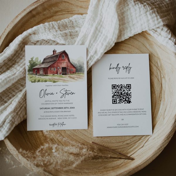 Watercolor Rustic Red Farm Barn Wedding Invitation Template | DIY ...