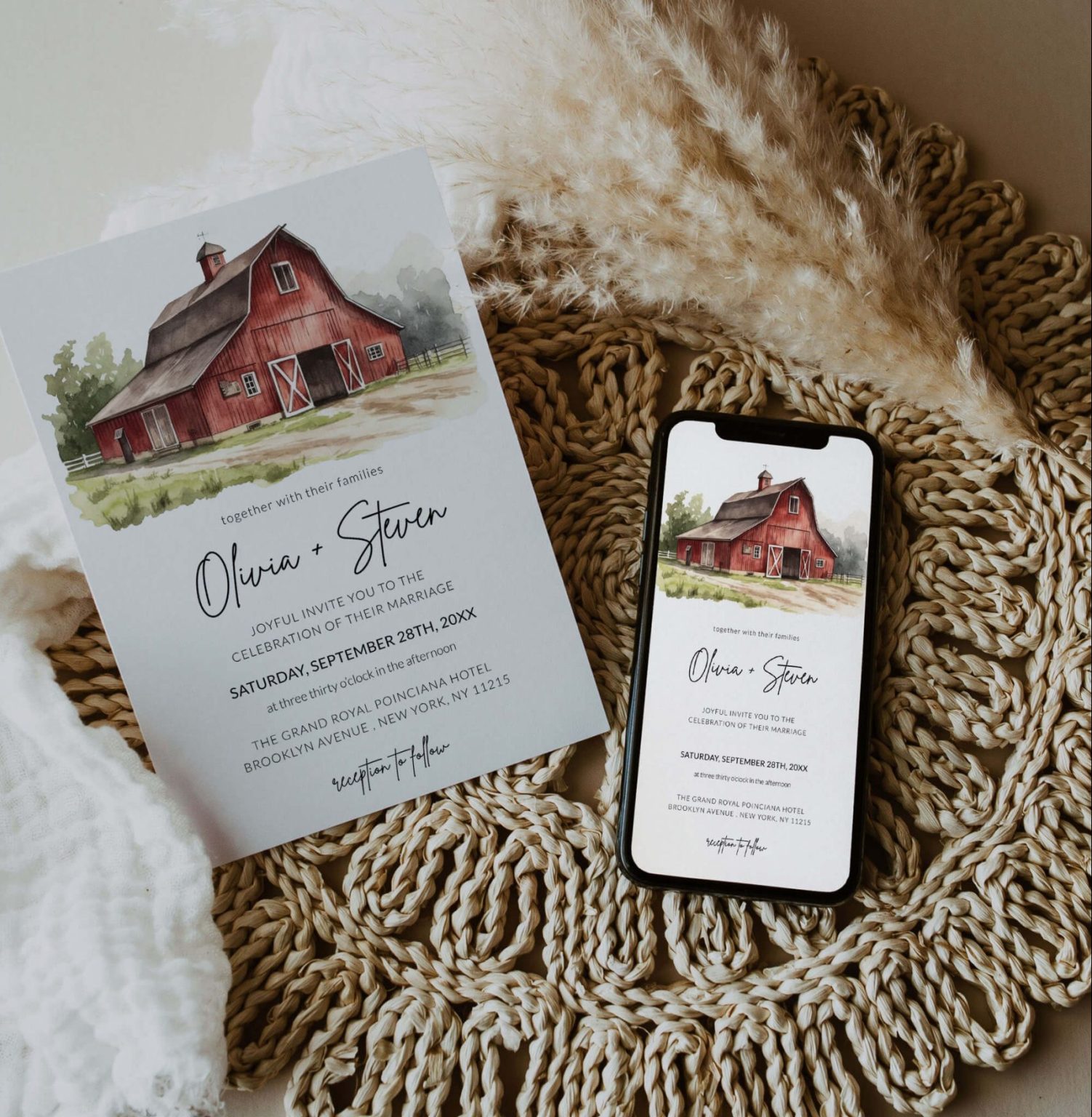 Watercolor Rustic Red Farm Barn Wedding Invitation Template | DIY ...