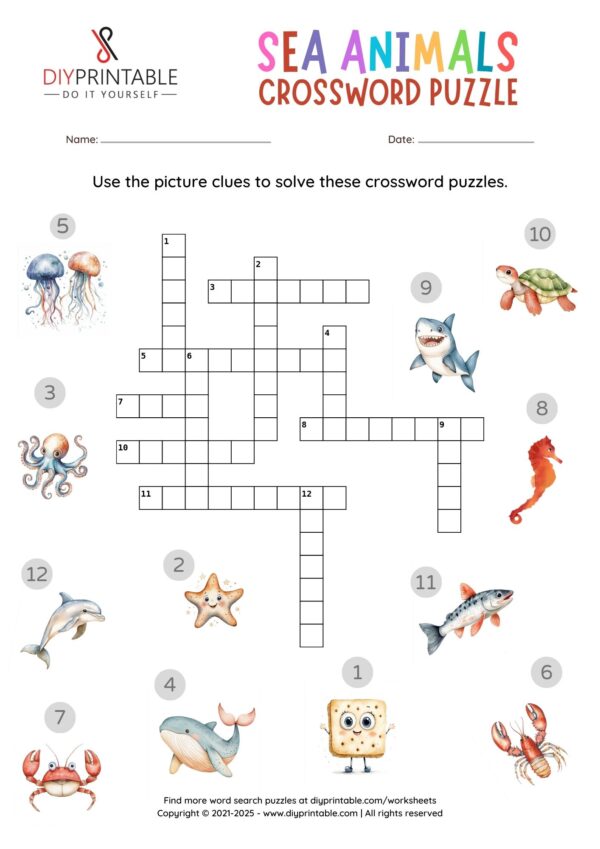 Free Printable Sea Animals Crossword Puzzle | DIY Printables