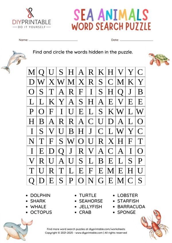 Free Printable Sea Animals Word Search | DIY Printables